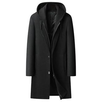 Generic Manteau en laine &agrave; capuche pour homme - Trench long &agrave; simple boutonnage - Manteau mi-long classique daffaires avec &eacute;charpe, Noir, 3XL