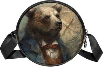 Generic Sac &agrave; bandouli&egrave;re rond pour femme, motif ours vintage, petit sac &agrave; bandouli&egrave;re avec fermeture &eacute;clair, bretelles r&eacute;glables, sac &agrave; main rond d&eacute;contract&eacute;