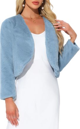 Allegra K Damen Langarm Kurze Jacke Kunstpelz Offen Front Crop Fell Hochzeits Braut Winterjacke Grau Blau XL
