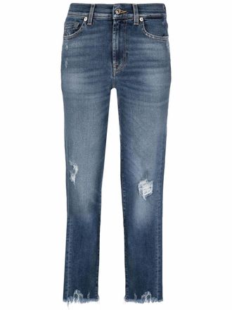 7 For All Mankind jean court &agrave; finitions effiloch&eacute;es - Bleu