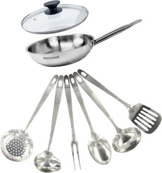 Fackelmann 9440050 Set po&ecirc;le 24 cm en inox 18/8, Couvercle verre et 6 ustensiles inox, Po&ecirc;le tous feux, Po&ecirc;le induction, Po&ecirc;le sans PFAS, Manche rivet&eacute;, Inox, Ve