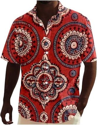 Generic Chemise &agrave; manches courtes pour homme style traditionnel africain Dashiki d&eacute;t&eacute; hawa&iuml;en vacances &agrave; fleurs Ankara, Rouge, 3XL