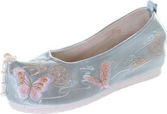 Kawaii-Story BJ-002-2 Ballerine en tissu chinois Motif papillon Bleu clair brodé Vintage Hanfu Ballerine en tissu chinois Chaussures à enfiler Escarpins antidérapa