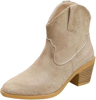 Generic Bottines Femme Elegant &agrave; Talon Carr&eacute; Bout Pointu R&eacute;tro Daim Western Bottes De Cowboy &Agrave; Enfiler Semelle Antid&eacute;rapante L&eacute;ger Chaussures Femme Tendances 