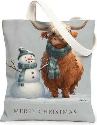 Generic Sacs fourre-tout en toile avec motif animal de No&euml;l, motif vache Highland et bonhomme de neige, r&eacute;utilisables, l&eacute;gers et lavables, beige, 13x15 Inch