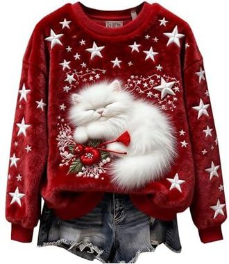 Generic Pull de Noël en flanelle pour femme - Imprimé chat mignon à paillettes - En coton - Col rond - Pull en polaire - Tunique habillée et décontractée - Po