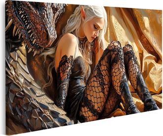 Islandburner Bild auf Leinwand Elfische Kriegerin und Drache in mystischer H&ouml;hle Bilder Wandbilder Poster