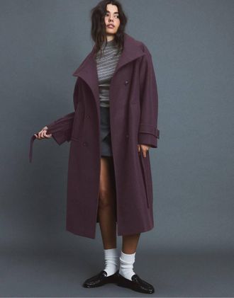 Stradivarius manteau long &agrave; col montant toucher doux violet
