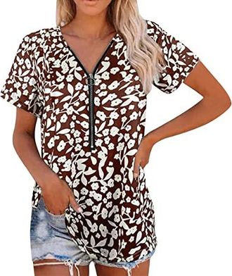 Janly T-shirt Imprim&eacute; Femme Haut d&eacute;t&eacute; en Mousseline de Soie avec Fermeture &Eacute;clair Demi-Boutonni&egrave;re Style D&eacute;contract&eacute; T-shirts Amusants pour Femmes T-shirt P