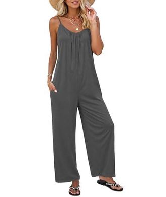 Generic Combinaison d&eacute;contract&eacute;e ample sans manches avec bretelles spaghetti style boh&egrave;me &agrave; jambes larges avec poches, v&ecirc;tements de vacances &agrave; la plage pour f
