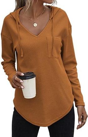 Zeagoo Pull Casual Femme Hoodie Manches Longues Col en V Sweat à Capuche Décontracté Haut Automne Beige Oversize Sweatshirt avec Cordon Marron XL