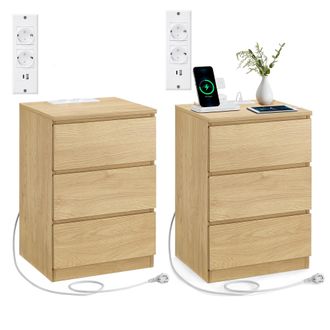 Vasagle Kailyn Kollektion - Nachttisch mit Steckdosenleiste, 2er Set, Beistelltisch, 3 Schubladen, 2 AC-Steckdosen, 2 USB-A-Anschl&uuml;sse, modern, strohgelb LET8
