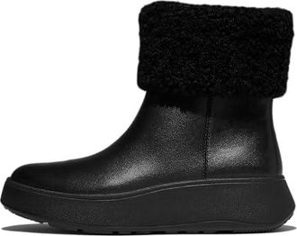 FitFlop Femme F-Mode Shearling-Collar Zip-up Leather Ankle Boots Bottine, Tout Noir, 36 EU