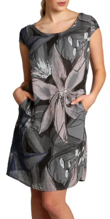 CASPAR Fashion Sommerkleid SKL035 knielanges elegantes Damen Leinenkleid mit Bl&uuml;ten Print Luftig leicht, figurumspielende Form, mit seitlichem Jersey-Einsatz