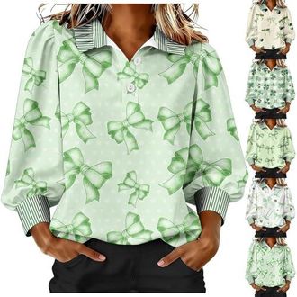 Generic Chemises de la Saint-Patrick pour femme, chemisier tr&egrave;fle porte-bonheur, manches longues, chemise boutonn&eacute;e &agrave; revers, haut imprim&eacute; tr&egrave;fle &eacute;l&eacute;gant, cou