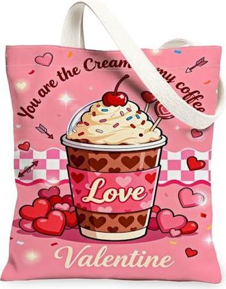 Generic Sac fourre-tout en toile pour la Saint-Valentin, motif coeurs mignons, sacs &agrave; provisions r&eacute;utilisables, l&eacute;gers et lavables en coton, p&ecirc;che, 13x15 Inch