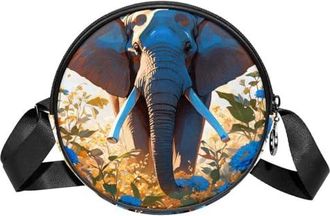 Generic Petit sac &agrave; bandouli&egrave;re rond pour femme, motif &eacute;l&eacute;phant, fleur d&eacute;l&eacute;phant avec fermeture &eacute;clair, bretelles r&eacute;glables, sac &agrave; main rond d&eacute;contract&eacute; pour 