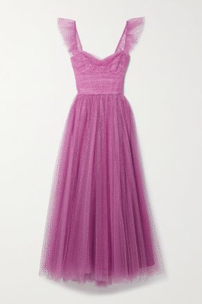 Monique Lhuillier Robe Aus T&uuml;ll Mit Glitter-finish, Raffungen Und R&uuml;schen - Lila