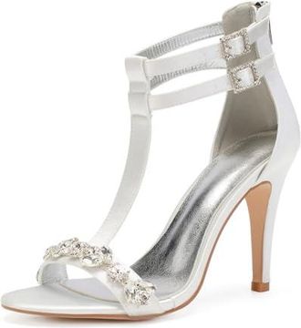 Generic Escarpins Femme Bout Ouvertsandales Chaussures De Mariee Satin&eacute;e Mari&eacute;e Dress F&ecirc;te Bridal Mariage Stylet Sandales 10.5Cm,Ivoire,37 EU
