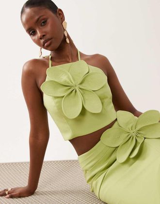 Asos Neckholder-Oberteil aus Leinen in Pistaziengr&uuml;n mit 3D-Blume, Kombiteil