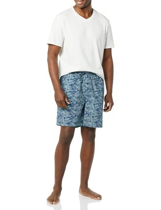Amazon Essentials Herren Popeline Short mit Baumwolle T-Shirt Pyjama Set, Wei&szlig;, Palm Leaf, XL
