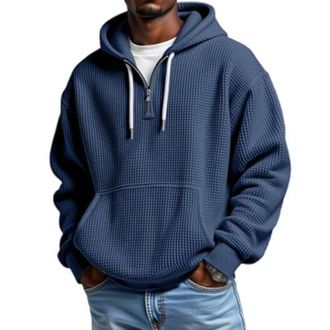 Generic Sweat &agrave; capuche d&eacute;contract&eacute; &agrave; manches longues et fermeture &eacute;clair gaufr&eacute;e de couleur unie pour homme, ample et confortable, bleu marine, 4XL