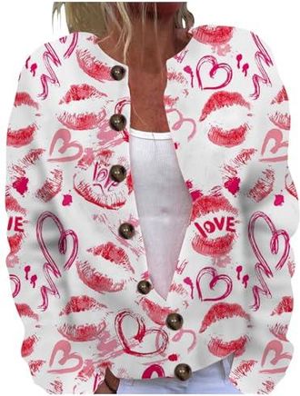 Generic Cardigan imprim&eacute; Saint-Valentin 2026 pour femme, blanc, XXL