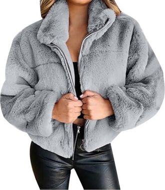 Generic Veste en fausse fourrure pour femmes, courte, pour mariage, veste en polaire, en fausse fourrure, doublure en peluche, col avec revers, veste en fourr