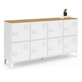 IDMarket Buffet casier 139 cm ESTER 8 portes en m&eacute;tal blanc plateau bois design industriel