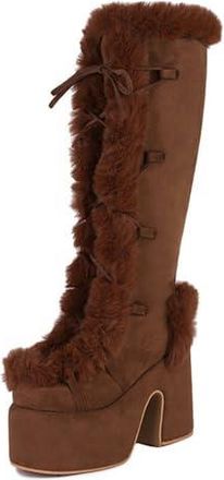 Generic Eestfy Bottes Hautes Rétro Plateforme Daim Fausse Fourrure Talon Large Zip Latéral Style Hiver pour Froid Tenues De Rue Activités Extérieures,Marron,3
