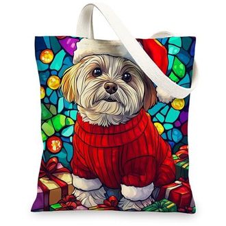 Generic Sac fourre-tout de No&euml;l en toile avec motif chien maltais 33 x 38,1 cm, motif chiot en vitrail, sac d&eacute;picerie r&eacute;utilisable pour homme et femme, peintu