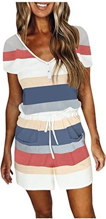 Generic Barboteuse courte sans manches pour femme - Grenouill&egrave;re d&eacute;t&eacute; pour femme avec manches - Combinaison courte &agrave; rayures avec poches lat&eacute;rales et short lo