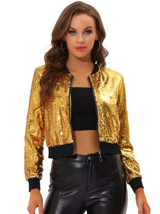 Allegra K Damen Bomberjacke Langarm Glitzer Pailletten Party Jacke Gelb M