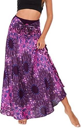 Feoya Jupe Longue Bohême Femme Jupe Gitane Fluide Hippie Taille Haute Élastique Jupes Indienne Maxi Robe Imprimé de Plage Vacances Robes Licou Dos Nu Sexy 2