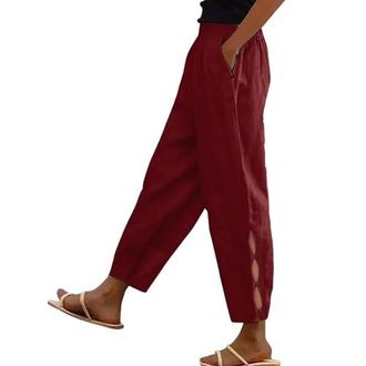 Generic Pantalon d&eacute;t&eacute; 3/4 en mousseline pour femme - Pantalon d&eacute;t&eacute; l&eacute;ger - Pantalon d&eacute;t&eacute; 7/8 avec poches - Pantacourt stretch - Pantalon &agrave; enfiler - Pantalon 