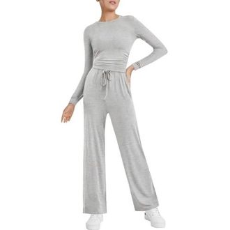 Generic Survêtement 2 pièces pour femme, jambes larges, tunique longue de couleur unie, haut tunique à manches longues et pantalon de détente, tenue ultra dou