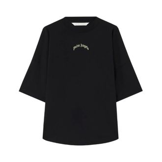 Palm Angels Femme, Tops, Noir, Taille: 36 FR Curved Logo Crew Neck T-Shirt