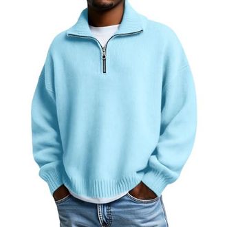 Generic DENGJIAMY Pull en tricot pour homme avec fermeture &eacute;clair quart de long, chemise unie, manches longues, v&ecirc;tements d&eacute;contract&eacute;s &agrave; col rond, sweat-shirt