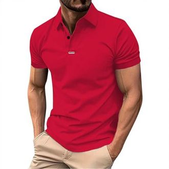 Generic Polo pour homme europ&eacute;en, pur, color&eacute; et polyvalent avec col ample, boutonni&egrave;re, col ouvert, manches courtes de sport c&ocirc;tel&eacute;es, Rouge past&egrave;que, XXL