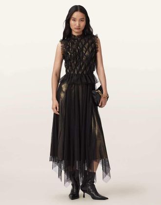 AllSaints Lola - T&uuml;llkleid in Metallic-Gold-Bunt