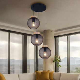 Globo Lighting Suspension plafonnier suspension vintage suspension métal noir industriel, 3 ampoules, bois marron, 3x douilles E27, DxH 44x120cm