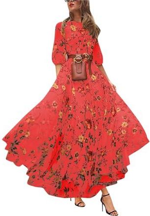 Onsoyours Femmes Boho Maxi Robe De Plage Elegante Floral Feuille Imprim&eacute; Longue Robe Manches Courtes Floral Dress D&Eacute;t&eacute; De Vacances Taille Haute R&eacute;tro Jupe De Pl