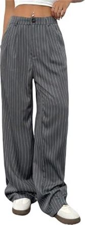 Generic Pantalon habillé ample à rayures pour femme - Jambe large - Pantalon de travail décontracté - Pantalon de travail à jambe droite - Pantalon long, gris
