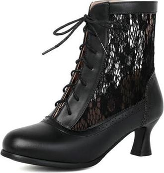 Generic Bottines à lacets style victorien pour femme - Style patchwork - Bout rond - Talon bloc - Chaussures de fête décontractées, Noir, 40.5 EU