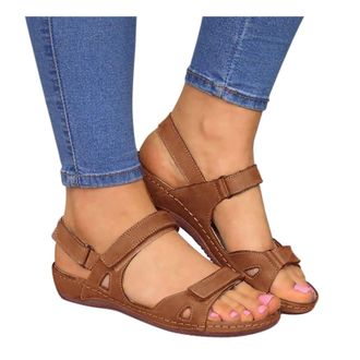 Generic Keilabsatz Sandalen Damen Flache Sommer Offene Zehen Römersandalen Bequem Leder Orthopädische Sommerschuhe Plateau Wedge Heel Strandsandalen Atmungsak