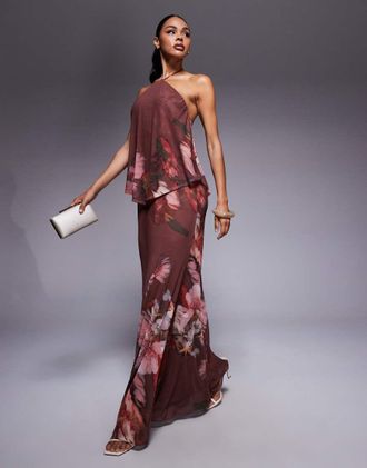 Asos Robe longue en tulle avec imprimé et dos nu et superposition transparente - Imprimé fleurs-Multicolore