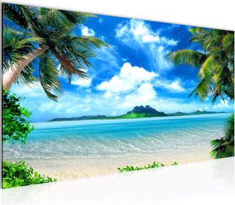 Runa Art Wandbild Strand Palmen 1 Teilig 100 x 40 cm Modern Bild auf Vlies Leinwand Meer Schlafzimmer Wohnzimmer Blau Beige 603312a