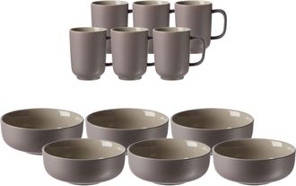 Ritzenhoff & Breker Jasper Brunch-Set für 6 Personen, Taupe, Kaffeebecher 285 ml, Müslischale ø 14 cm, Geschirr mit Soft-Touch-Haptik & farbiger Matt-Glasur
