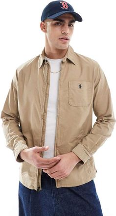 Polo Ralph Lauren St&uuml;ckgef&auml;rbte Oxford-Hemdjacke in Hellbraun mit Polospieler-Logo und Rei&szlig;verschluss vorne