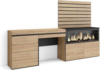 Skraut Home | Schminktisch | Frisiertisch mit Stauraum | 234x145x35 cm | mit Schublade | Elektrokamin XXL | Kommode mit Schubladen | Lamellenwand Holz | Moderner 
